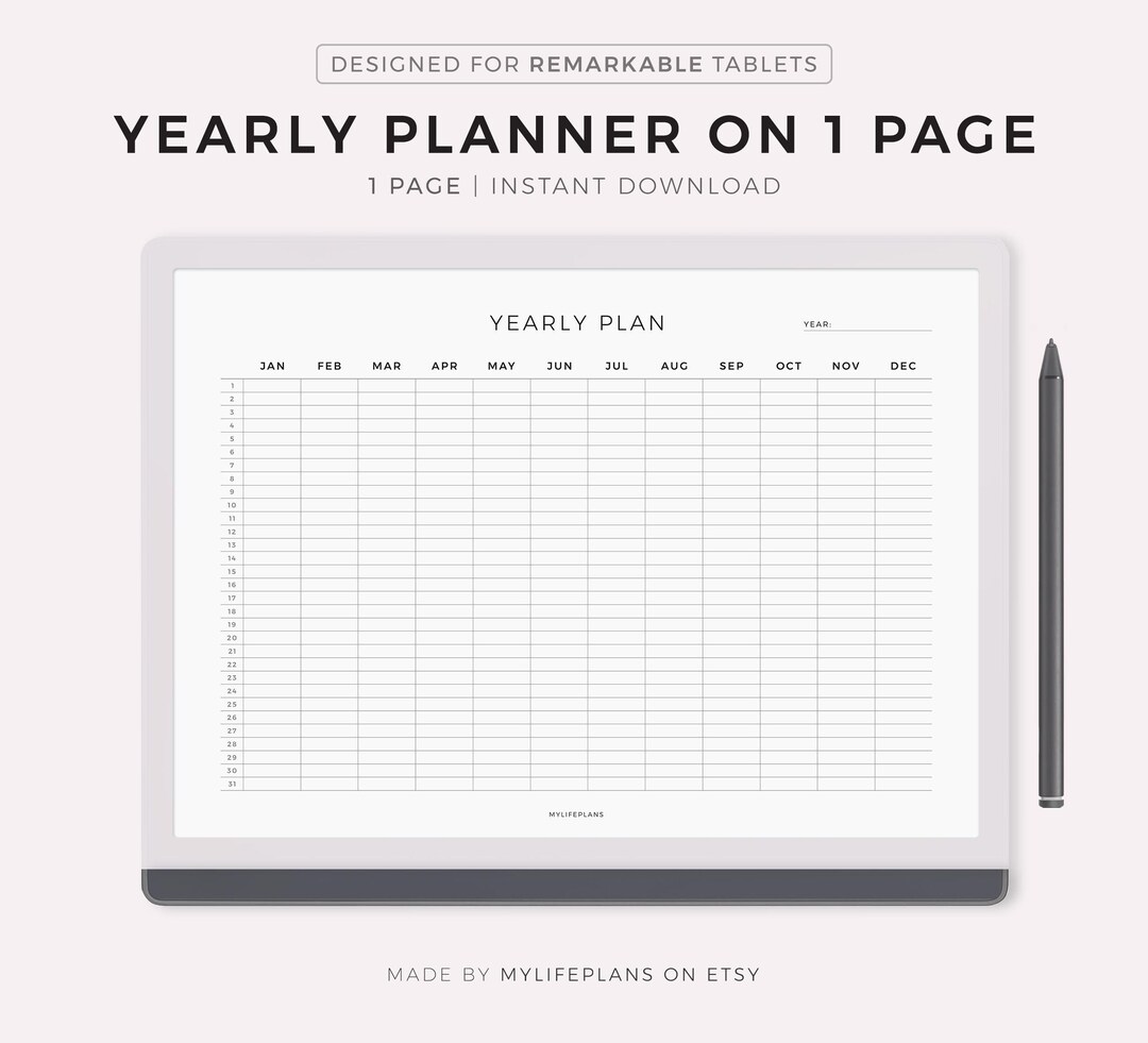 Yearly Planner for Remarkable 2, Landscape, Year at a Glance, Calendar ...
