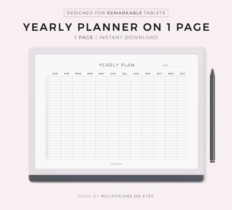 Yearly Planner for Remarkable 2, Landscape, Year at a Glance, Calendar ...