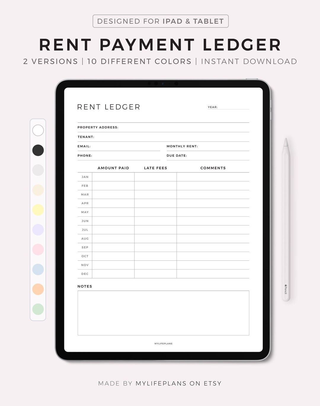 Digital Rent Payment Ledger Template, Tenant Payment Tracker, Monthly ...