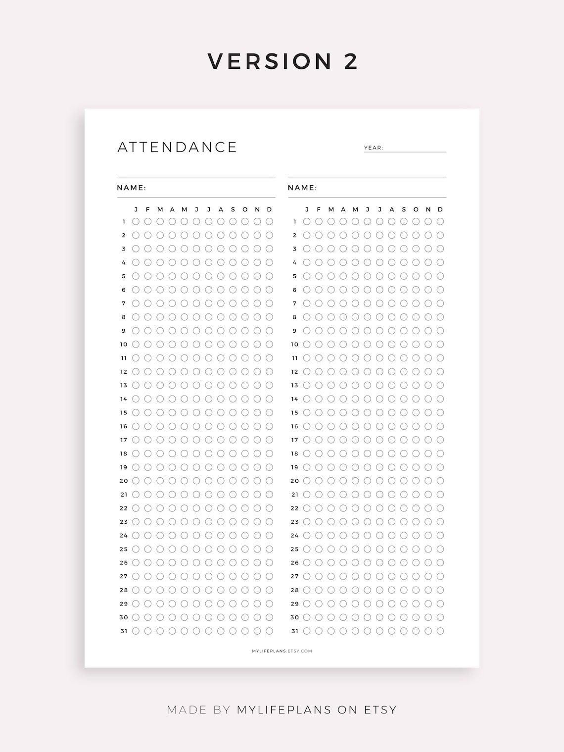 Yearly Employee Attendance Log Printable - Working Days, Days Off ...