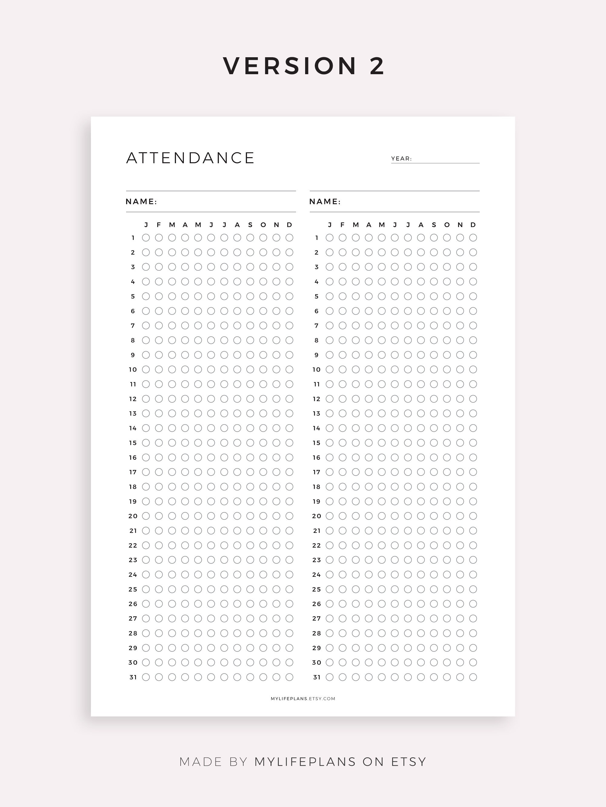 Yearly Employee Attendance Log Printable Working Days Days - Etsy