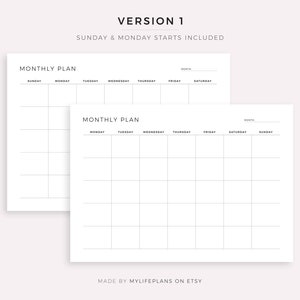 Undated Monthly Planner Printable Landscape, Monday & Sunday Start, Ink ...