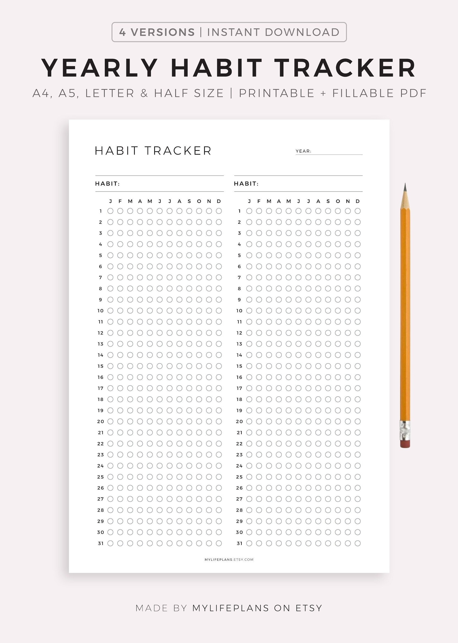 Yearly Habit Tracker on One Page Habit Tracker Template - Etsy