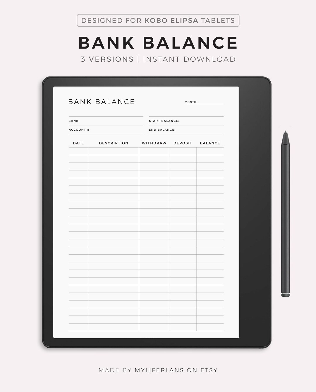 Bank Balance Template for Kobo Elipsa 2e / 1, Bank Account Transactions ...