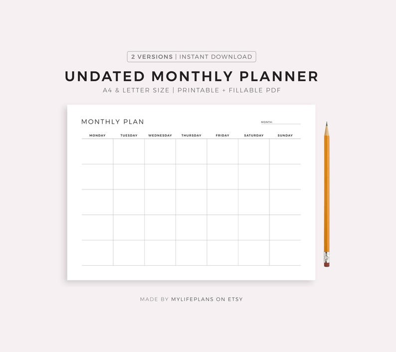 Undated Monthly Planner Printable Landscape, Monday & Sunday Start, Ink ...