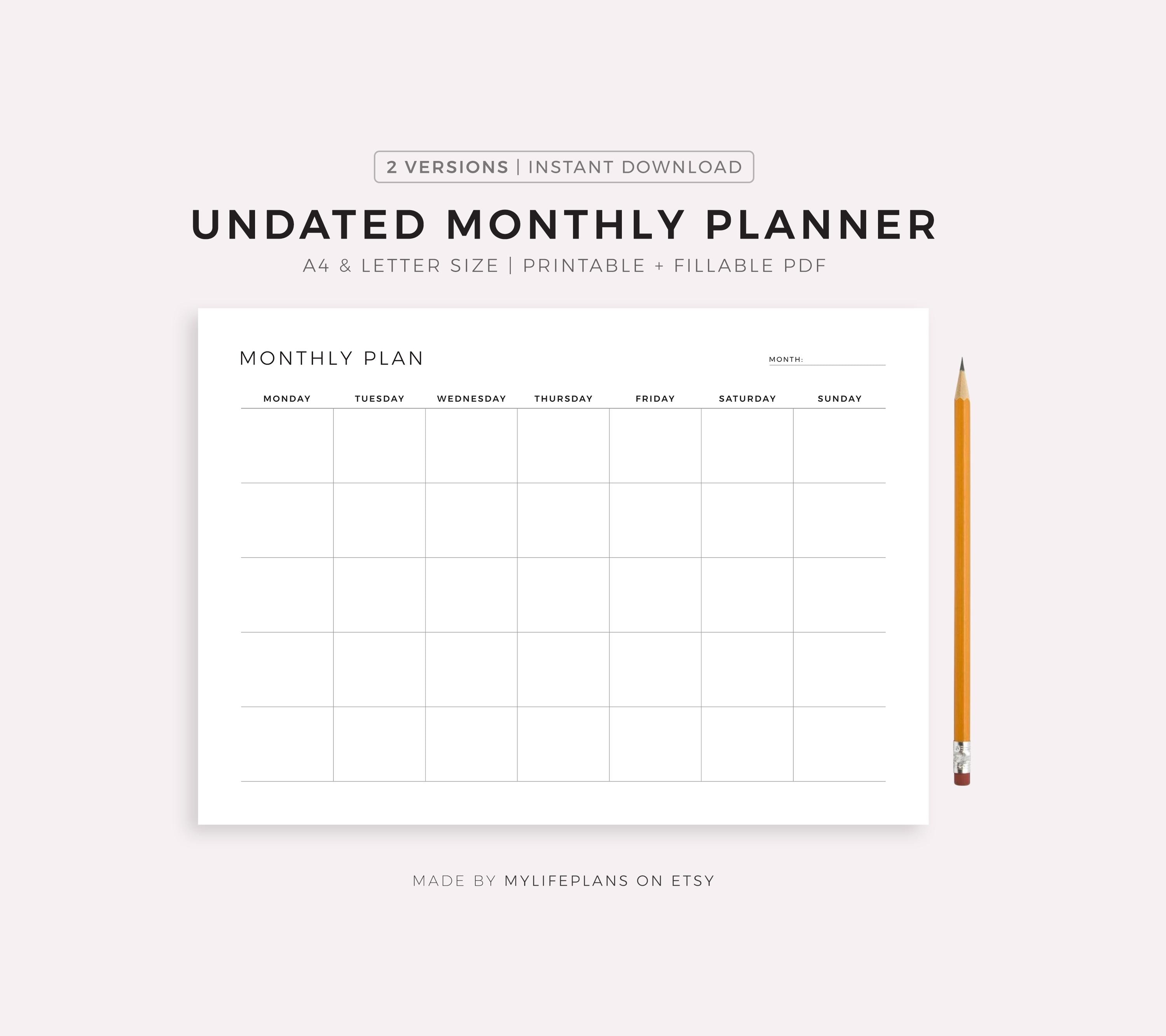 Undated Monthly Planner Printable Landscape, Monday & Sunday Start, Ink ...