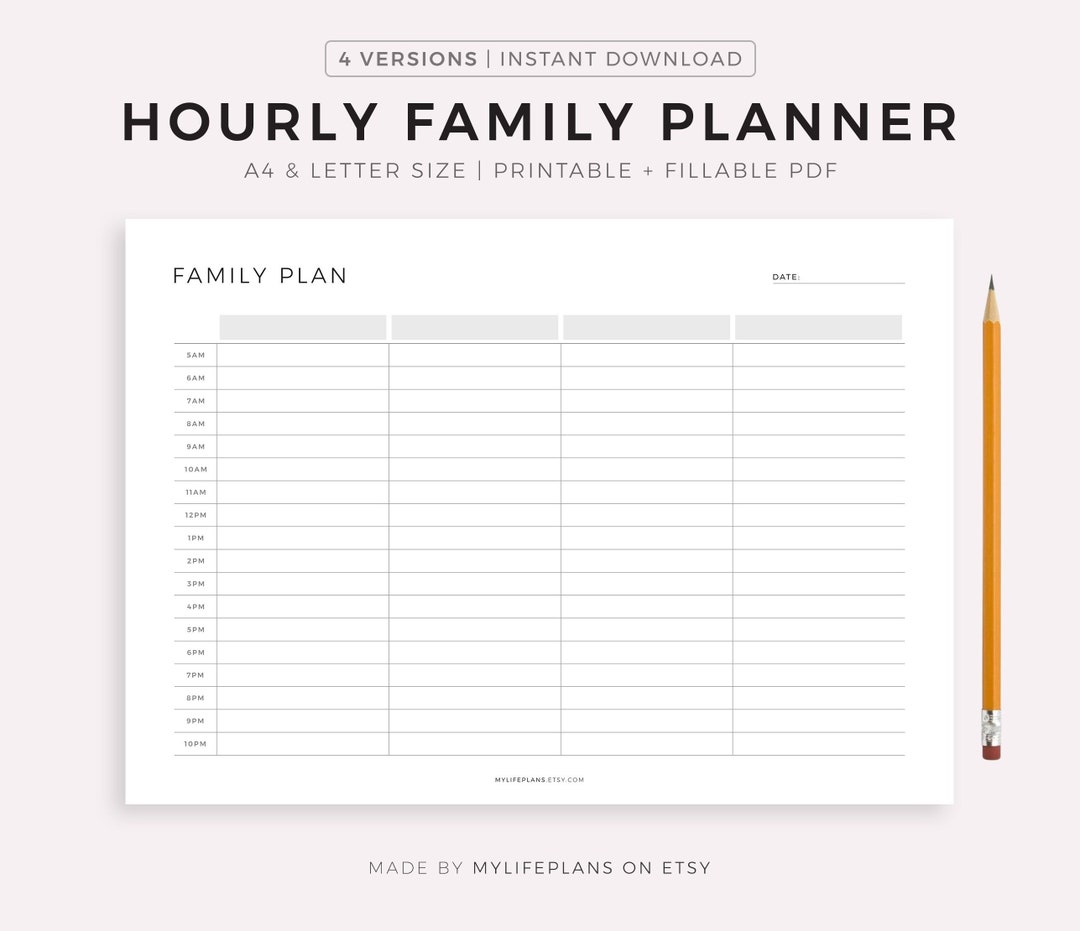 Hourly Family Planner Printable Landscape, Family Daily Planner, Family ...