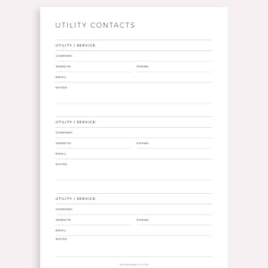 Printable Utility Contacts Template, Service Provider Contact List ...