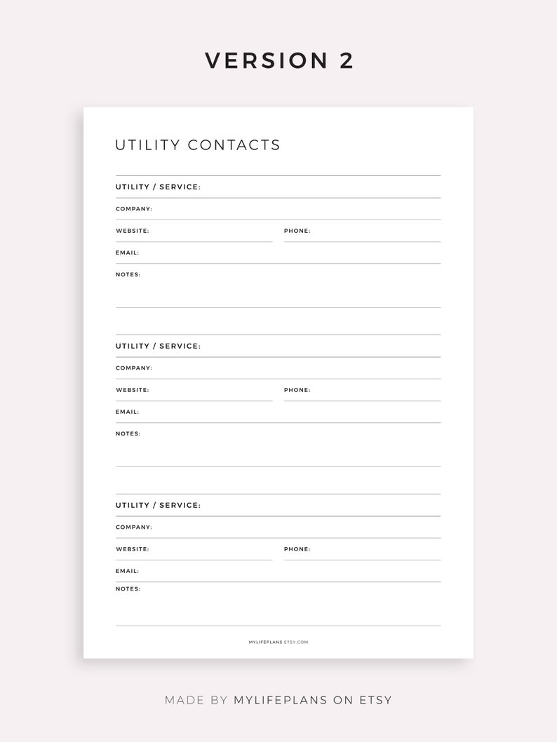 Utility Contacts Printable Template for Home / Business, Service ...