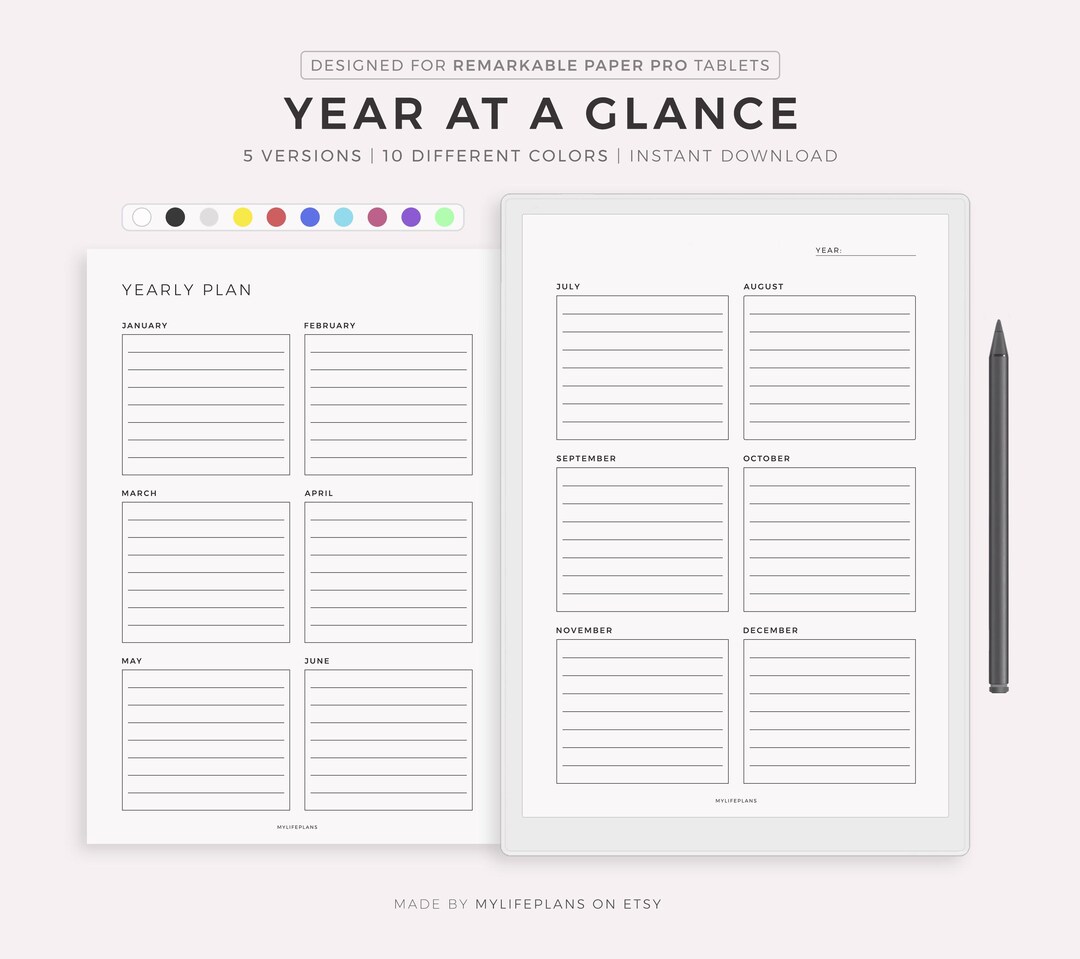 Year at a Glance Planner for Remarkable Paper Pro, Two Page Yearly ...