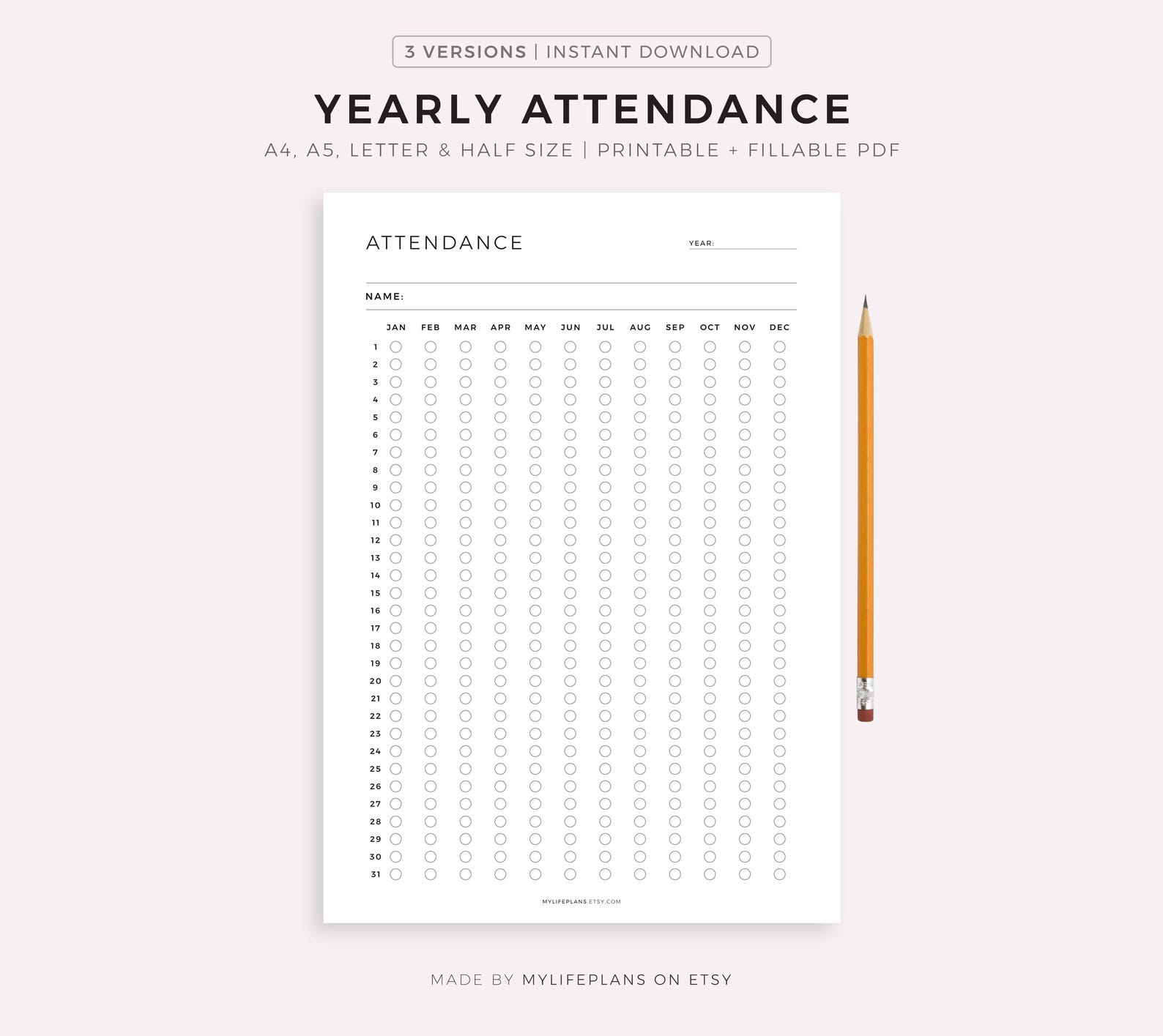 Yearly Employee Attendance Log Printable - Working Days, Days Off ...