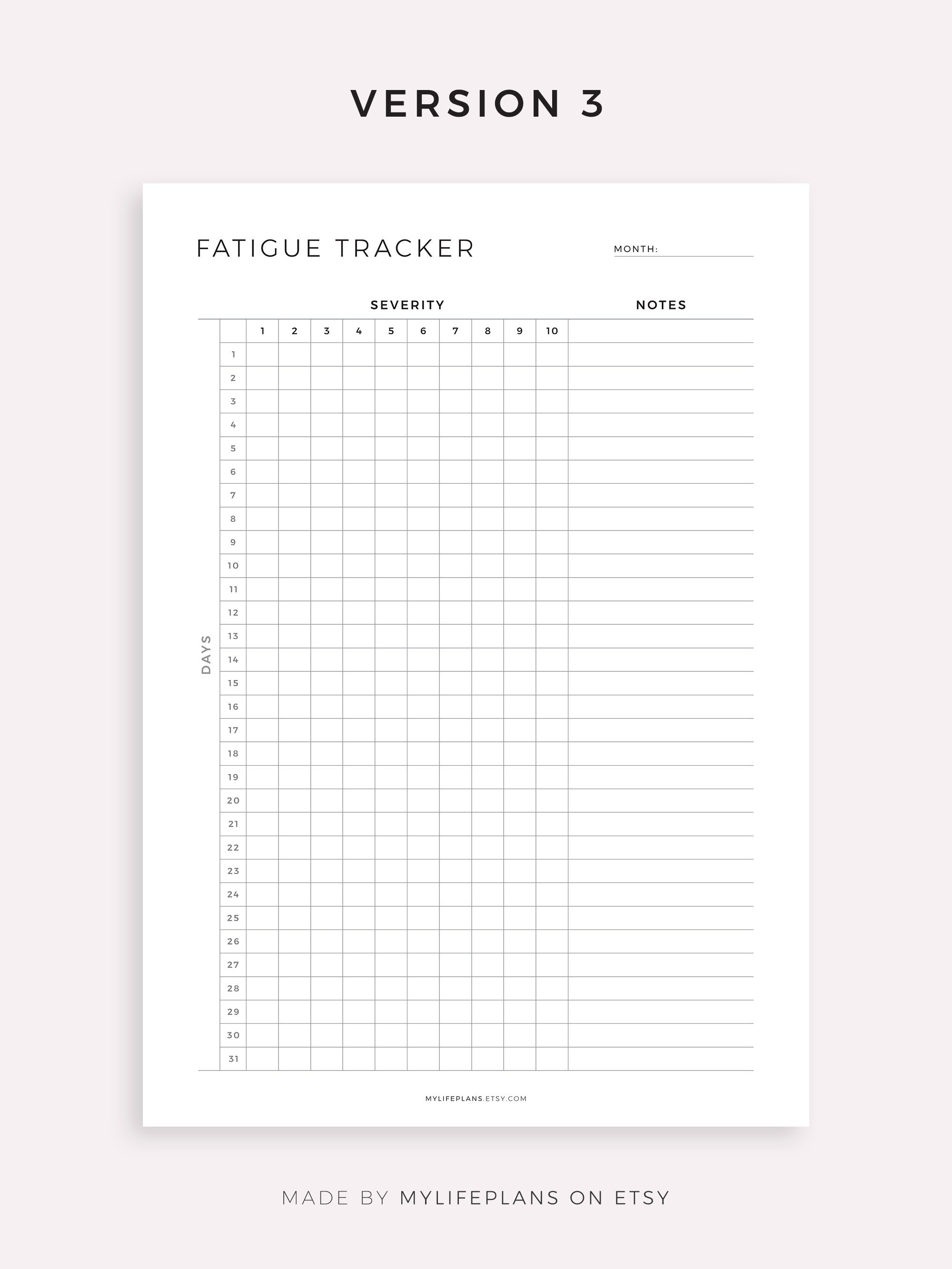 Monthly Fatigue Tracker Printable Template, Track Daily Fatigue ...