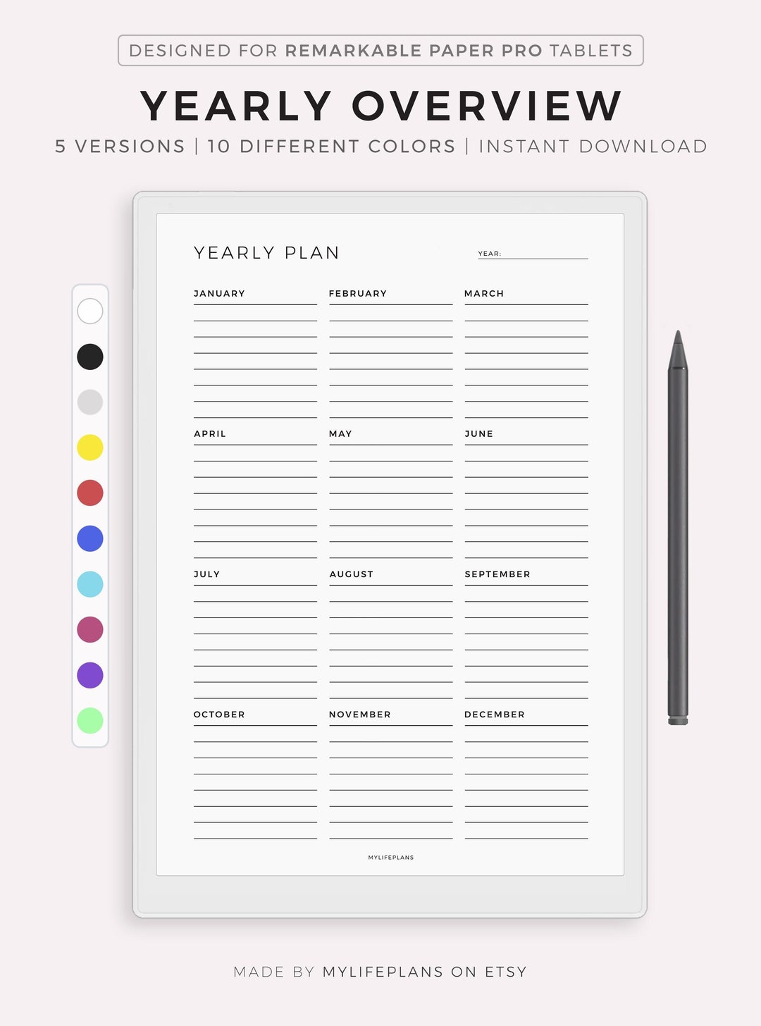 Yearly Overview Planner for Remarkable Paper Pro, Yearly Planner on One ...