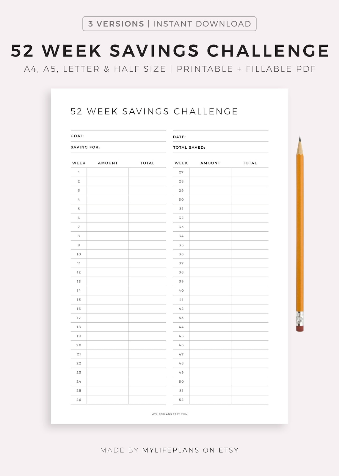 52 Week Savings Challenge Printable Yearly Saving Plan - Etsy