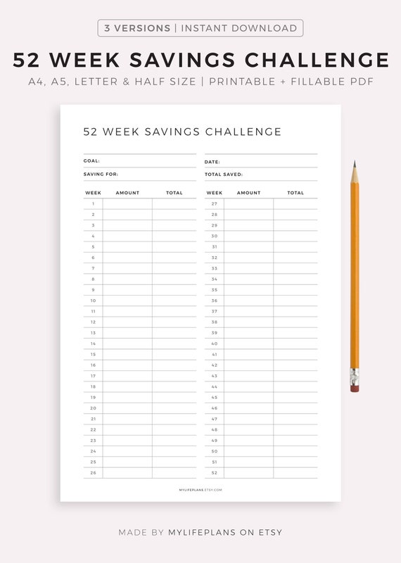 52 Week Savings Challenge Printable Yearly Saving Plan - Etsy UK