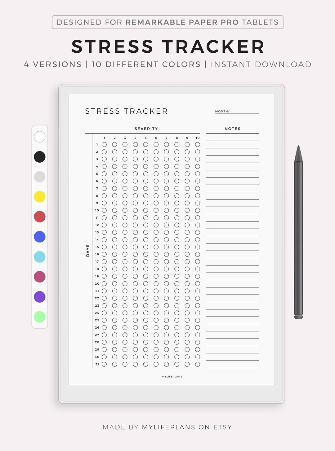 Monthly Stress Tracker for Remarkable Paper Pro, Track Daily Stress ...