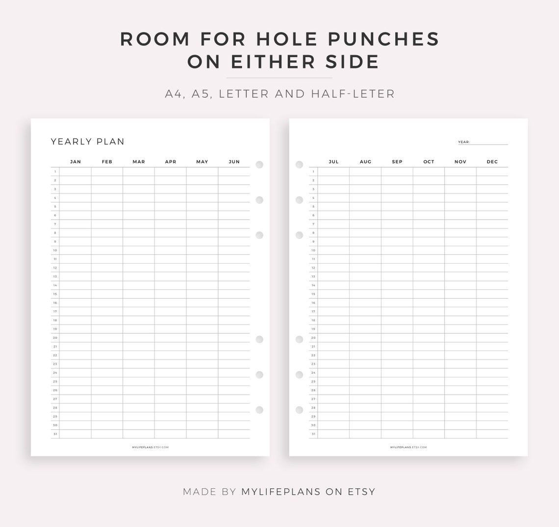 2 Page Yearly Planner Printable, Year at a Glance, Yearly Agenda, 12 ...