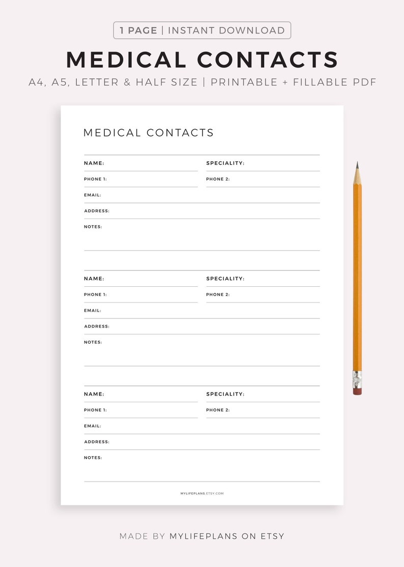 Medical Contacts List Printable Healthcare Contacts Doctor - Etsy