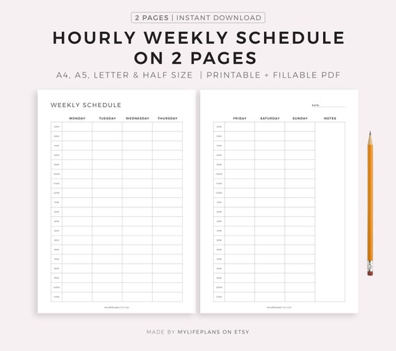 Hourly Weekly Schedule on 2 Pages Printable Weekly Planner | Etsy