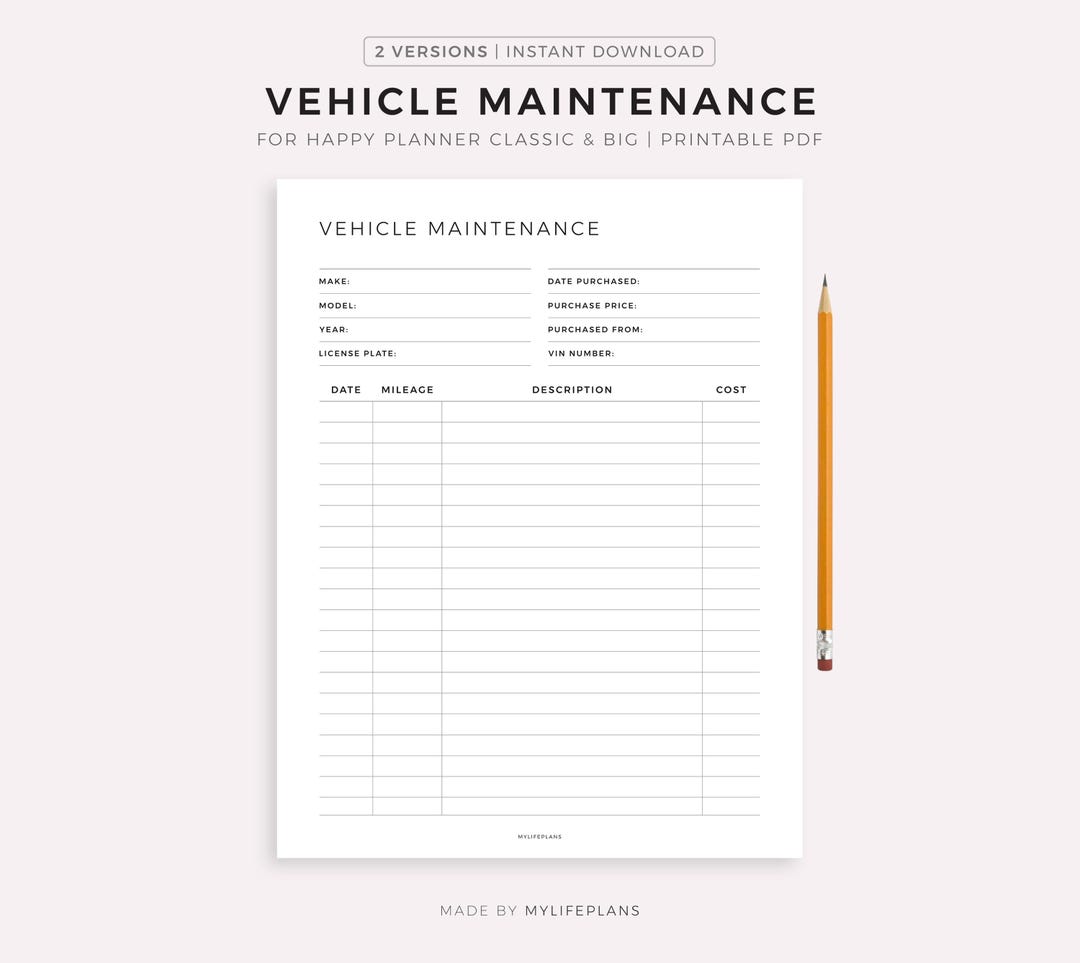 Vehicle Maintenance Log Book, Printable Template for Happy Planner ...