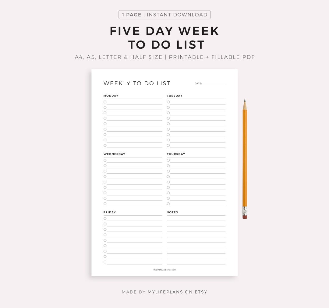 Five Day Week to Do List Printable, Minimal Weekly Planner Template ...