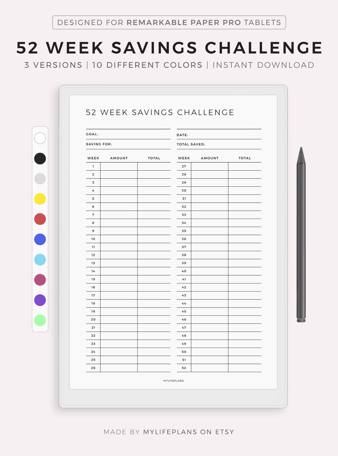 52 Week Savings Challenge for Remarkable Papar Pro, Instant Download - Etsy