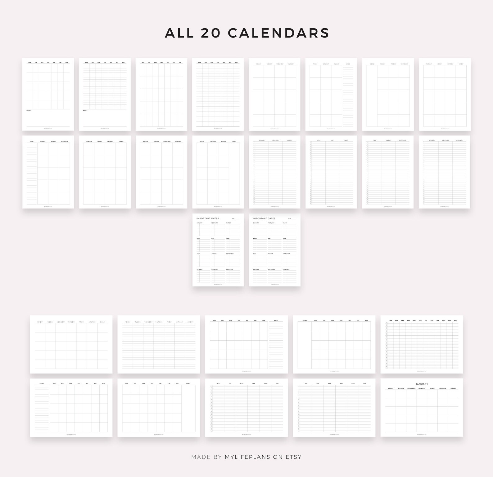 Blank Calendar Inserts Bundle Printable A4/a5/letter/half | Etsy