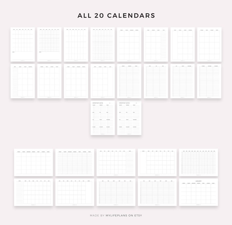 Blank Calendar Inserts Bundle Printable, A4/a5/letter/half Letter ...