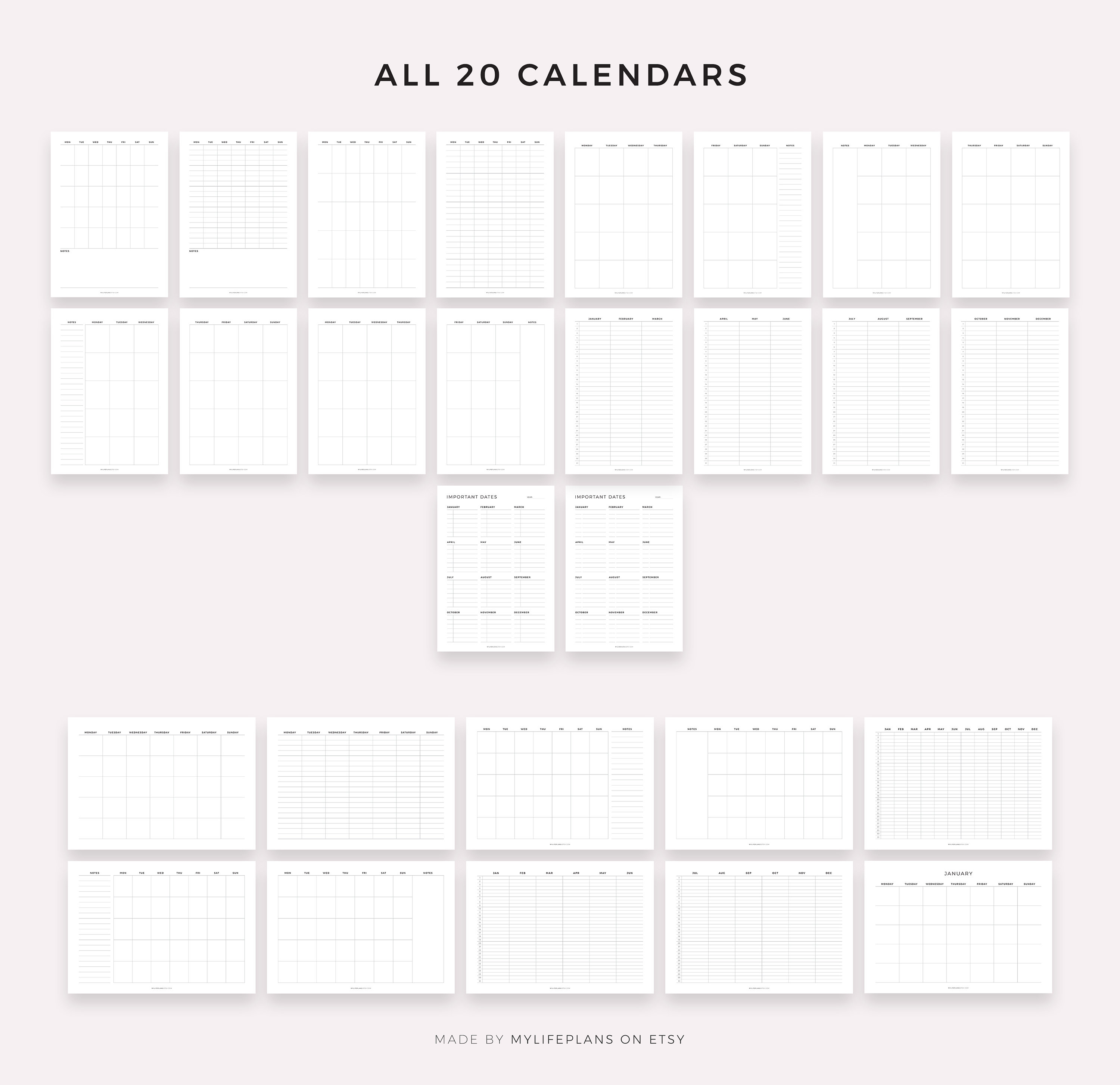 Blank Calendar Inserts Bundle Printable A4/a5/letter/half | Etsy