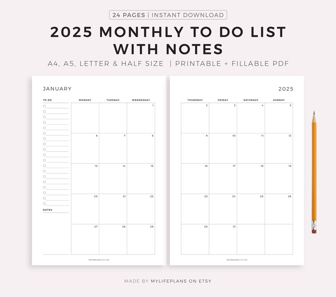 2025 Monthly to Do List on Two Pages, Productivity Monthly Planner ...