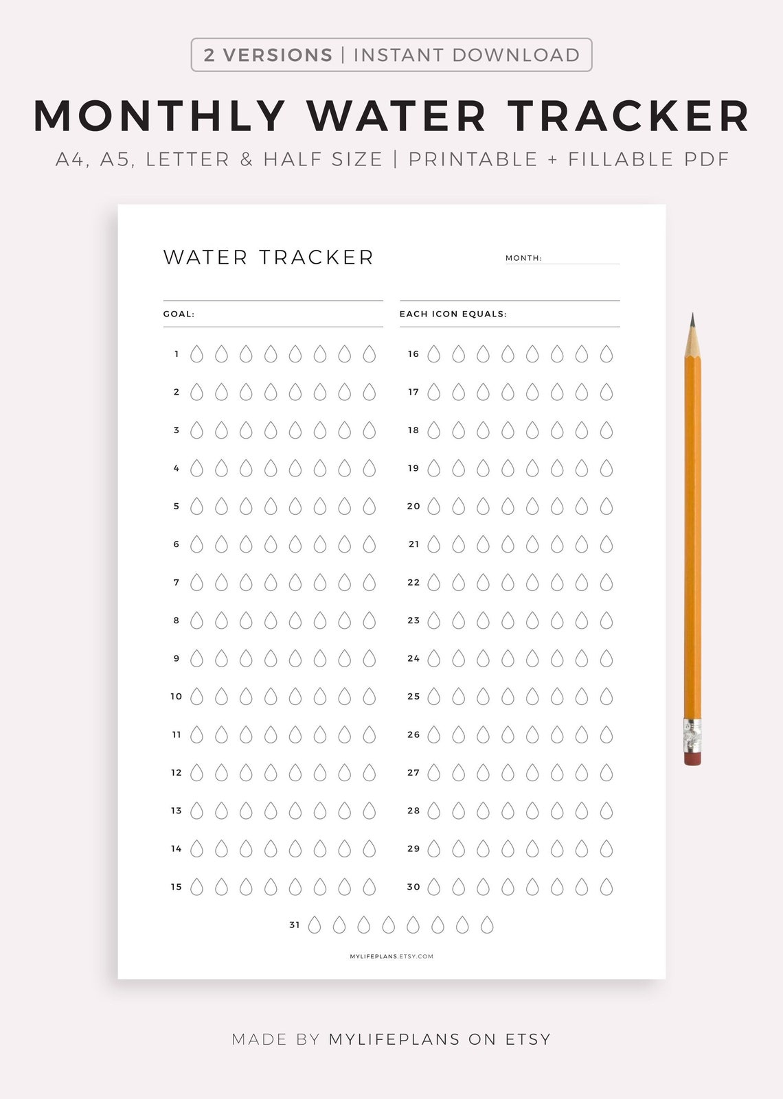 Monthly Water Tracker Printable 31 Day Water Challenge - Etsy