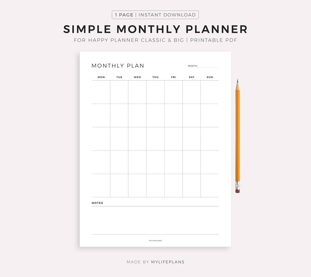 Simple Monthly Planner for Happy Planner Classic & Big, Printable PDF ...