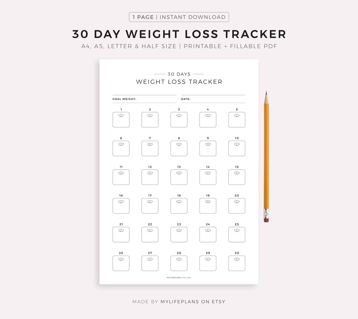 30 Day Weight Loss Tracker Printable, Weight Loss Challenge, Weight ...