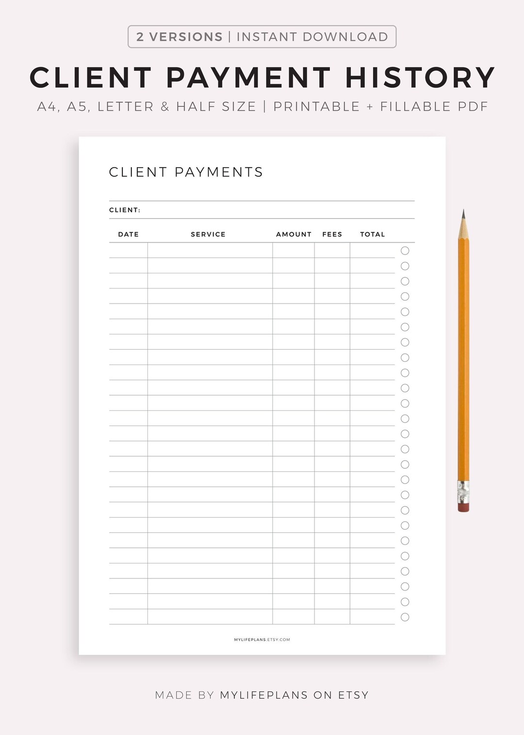Client Payment History Tracker Printable, Client Payment Log, Client ...