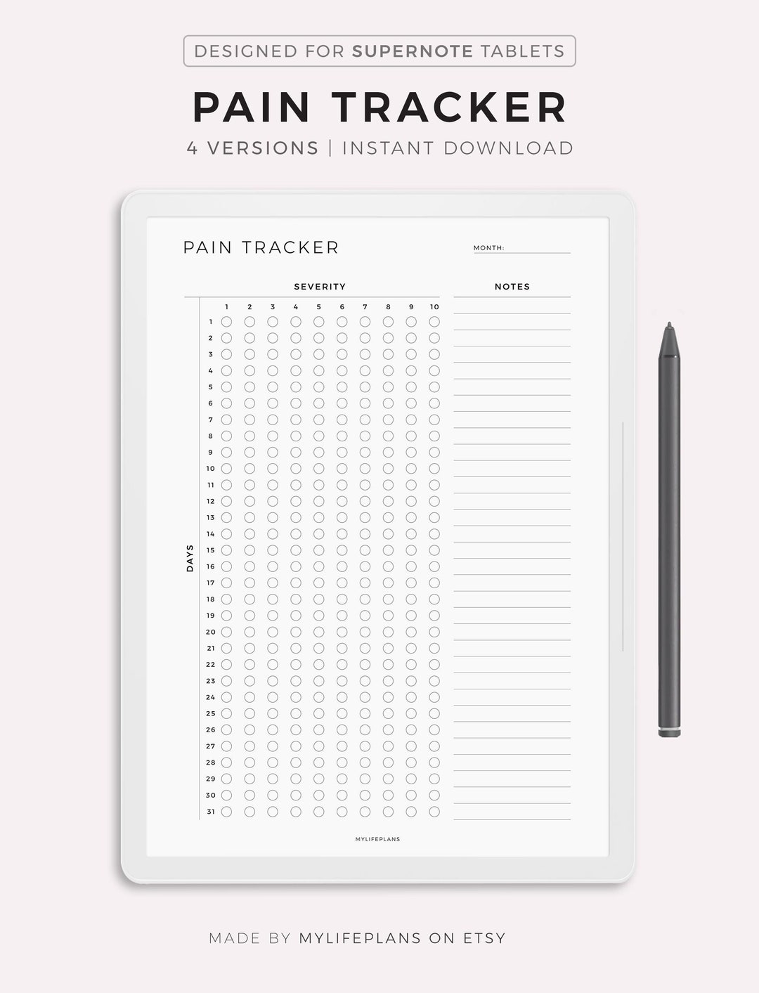 Monthly Pain Tracker for Supernote A5X2/A5X/A5/A6X2/A6X/A6, Track Daily ...
