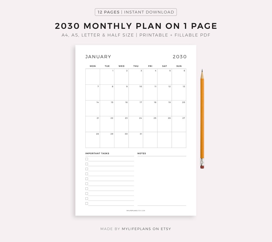 2030 Monthly Planner on One Page, Monthly Organizer, Monthly Agenda ...