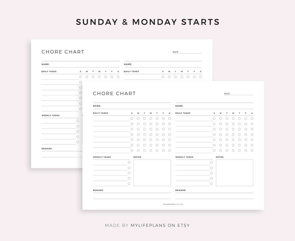 Chore Chart for 2 Kids / Adults Printable Template, Weekly Household ...
