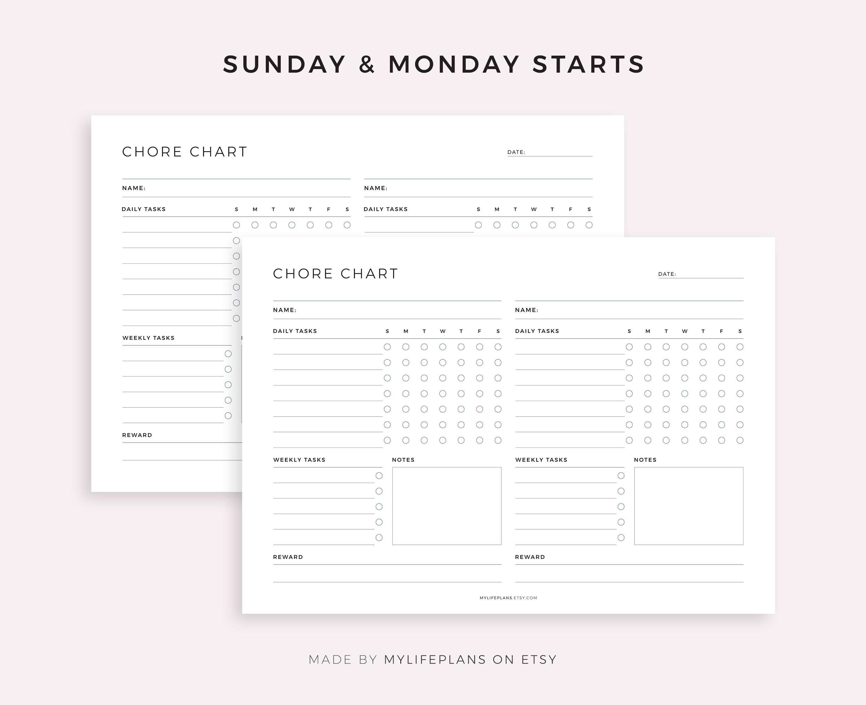 Chore Chart for 2 Kids / Adults Printable Template, Weekly Household ...