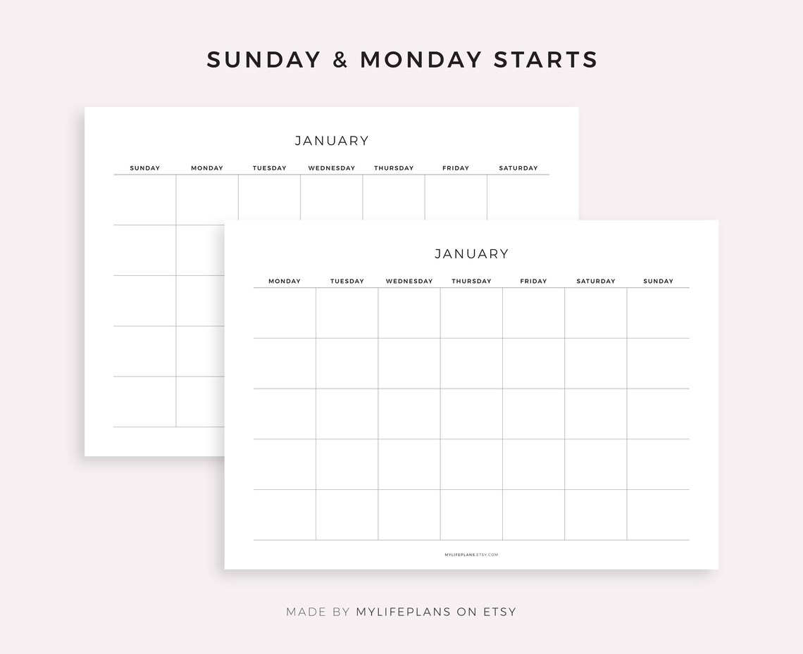 Undated Monthly Calendar Printable Landscape, Minimalist Calendar ...