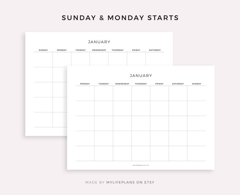 Undated Monthly Calendar Printable Landscape Minimalist | Etsy