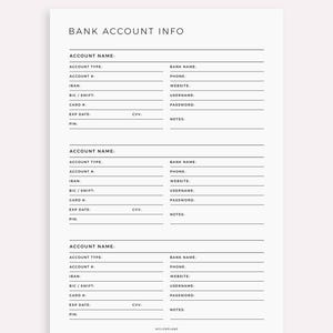 Bank Account Information Tracker, Bank Account Log, Bank Details ...