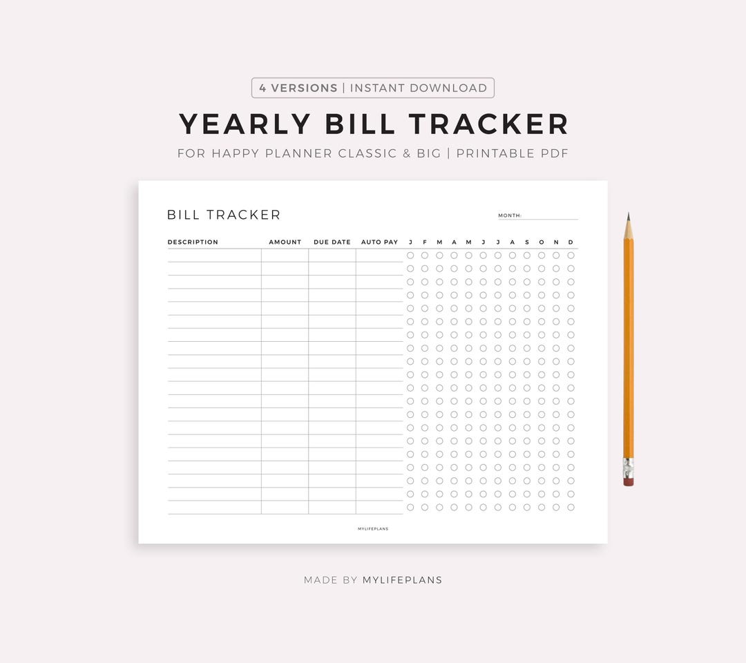 Yearly Bill Tracker, Landscape, Printable for Happy Planner Classic ...