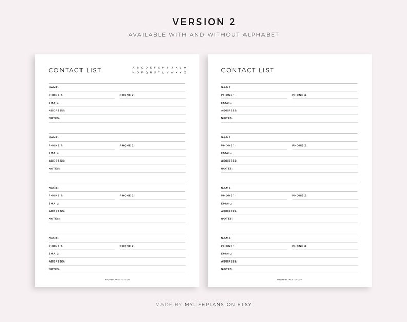 Contacts List Printable Address Book Contact Information - Etsy