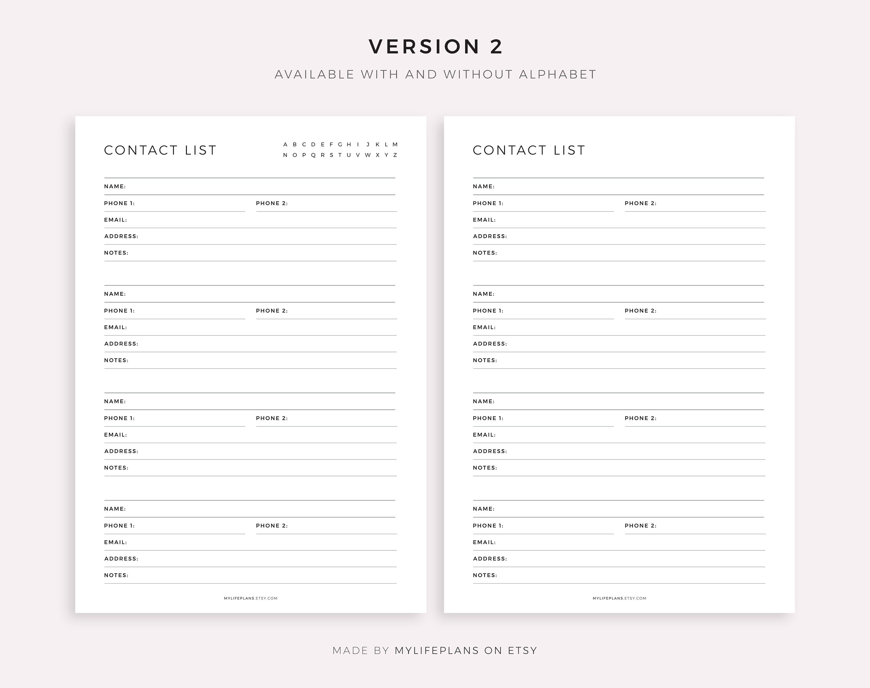 Printable Contacts List Contact Organizer Address Book - Etsy