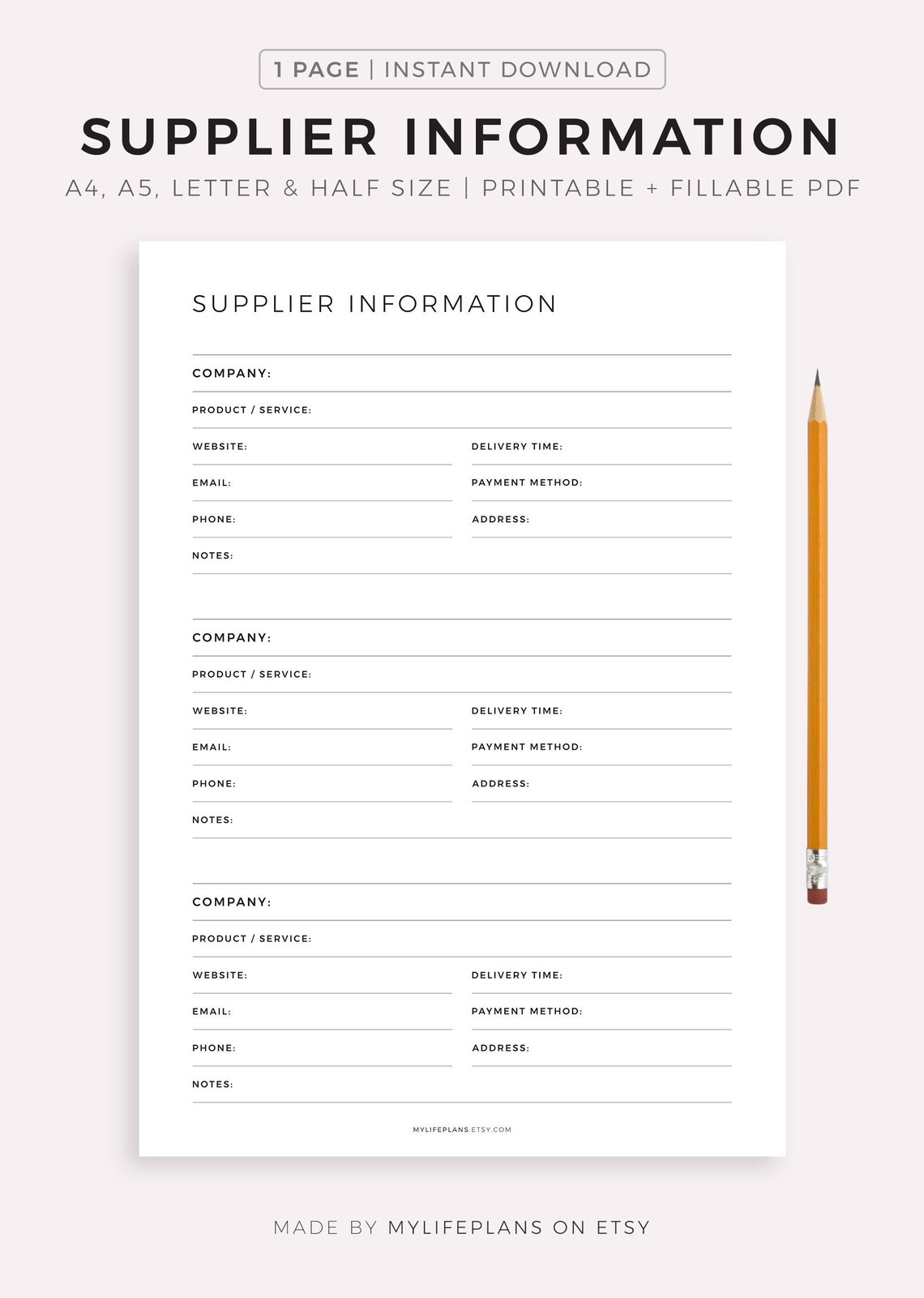 Detailed Supplier Information Printable Supplier Profile - Etsy