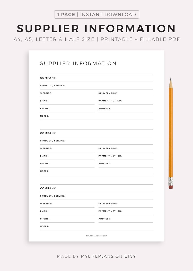 Detailed Supplier Information Printable Supplier Profile - Etsy