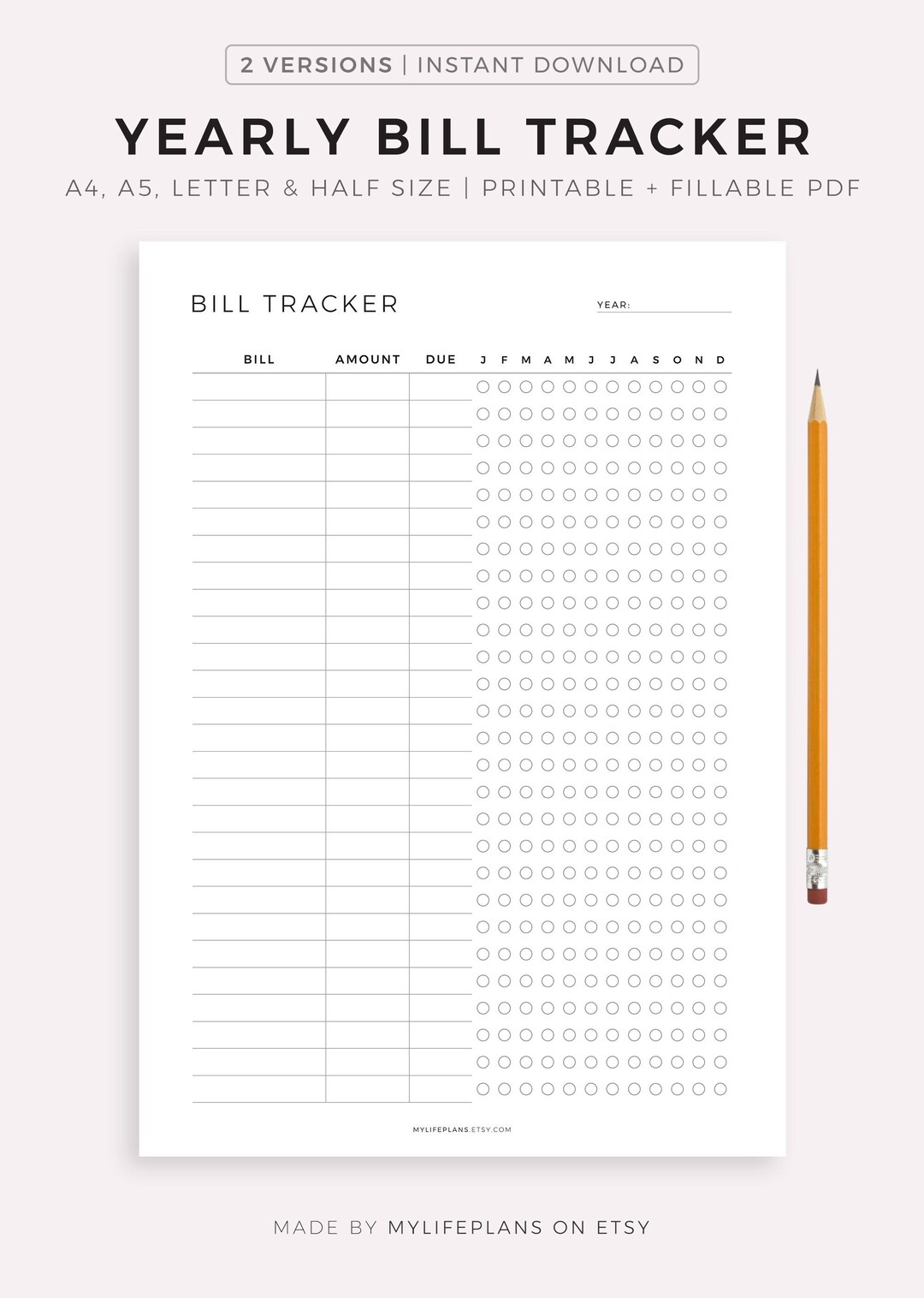 Yearly Bill Tracker Printable, Bill Payment Checklist, Bill Organizer ...