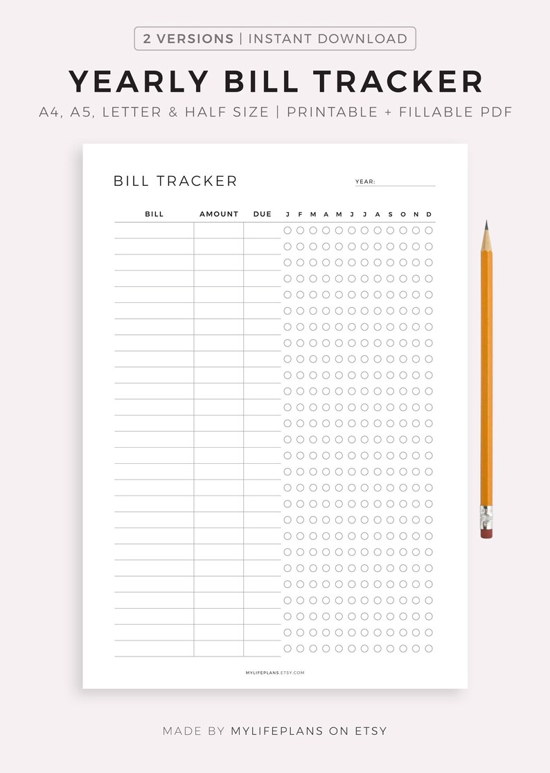Yearly Bill Tracker Printable Bill Payment Checklist Bill - Etsy