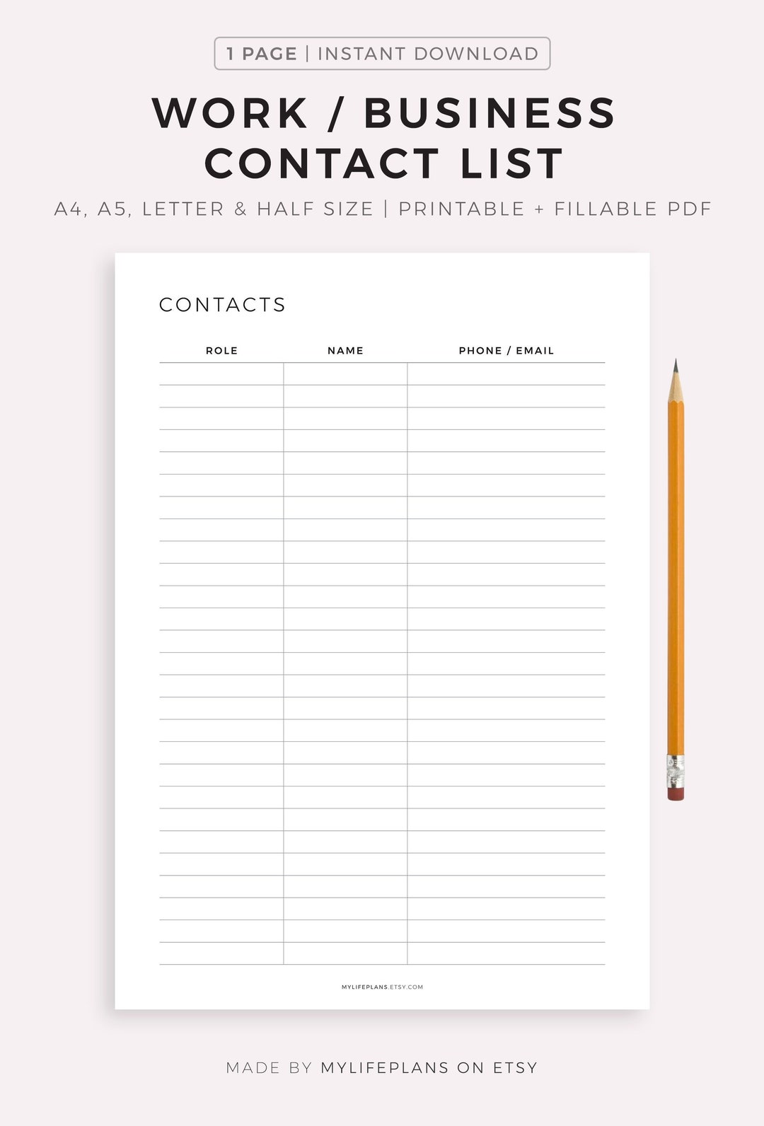 Work / Business Contact List Printable Template, A4/a5/letter/half Size ...