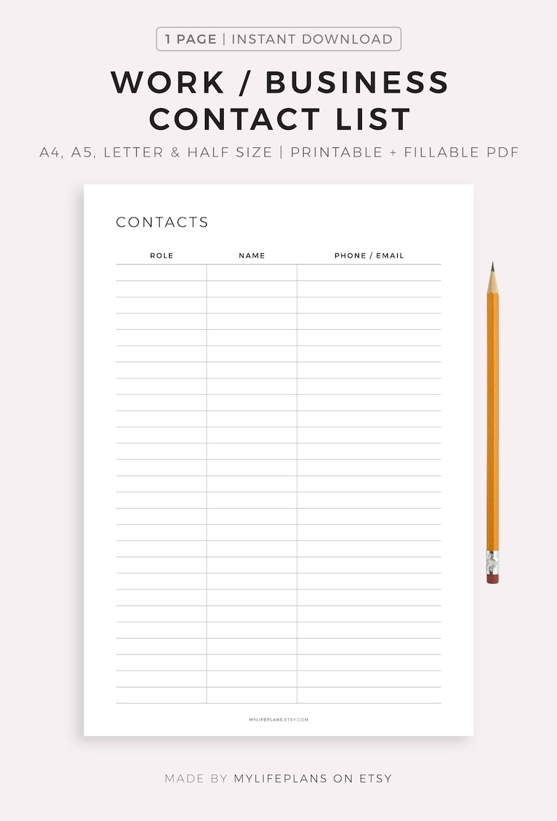 Work / Business Contact List Printable Template - Etsy